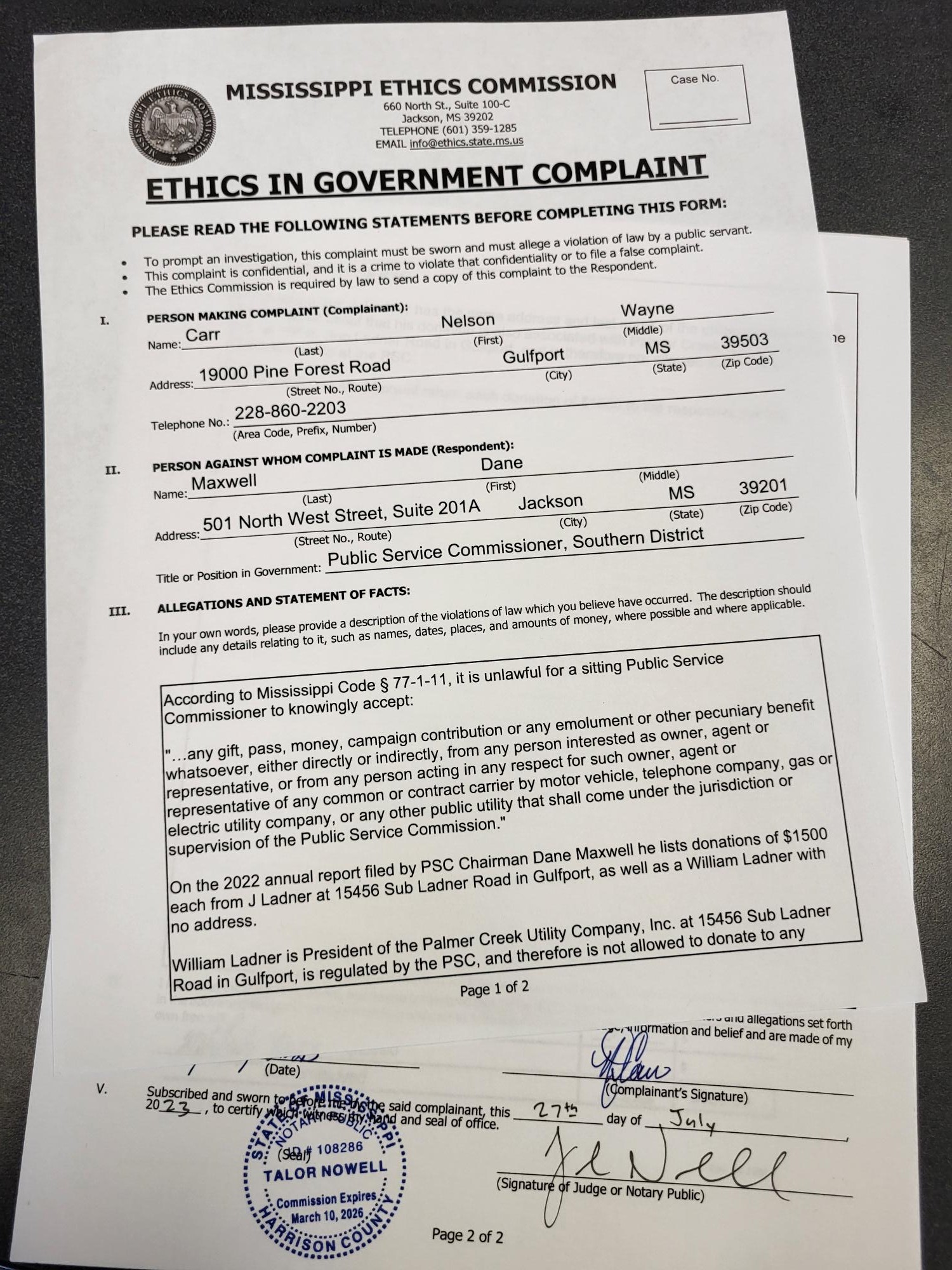 Conservative Republican Wayne Carr Files Second Ethics Complaint Against Southern District PSC ...